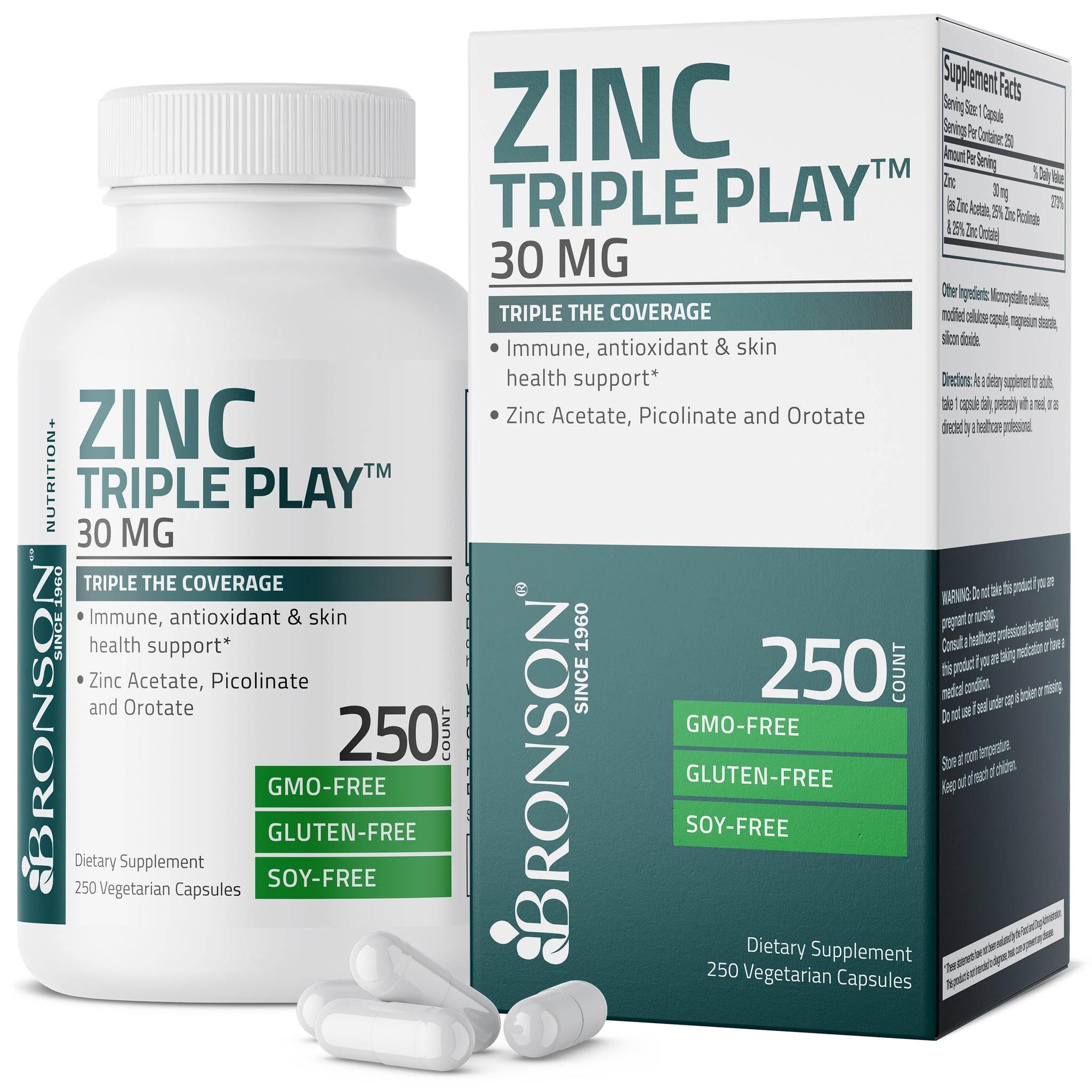 Bronson Zinc Triple Play - 30 mg - 30 Vegetarian Capsules | Vitamins ...