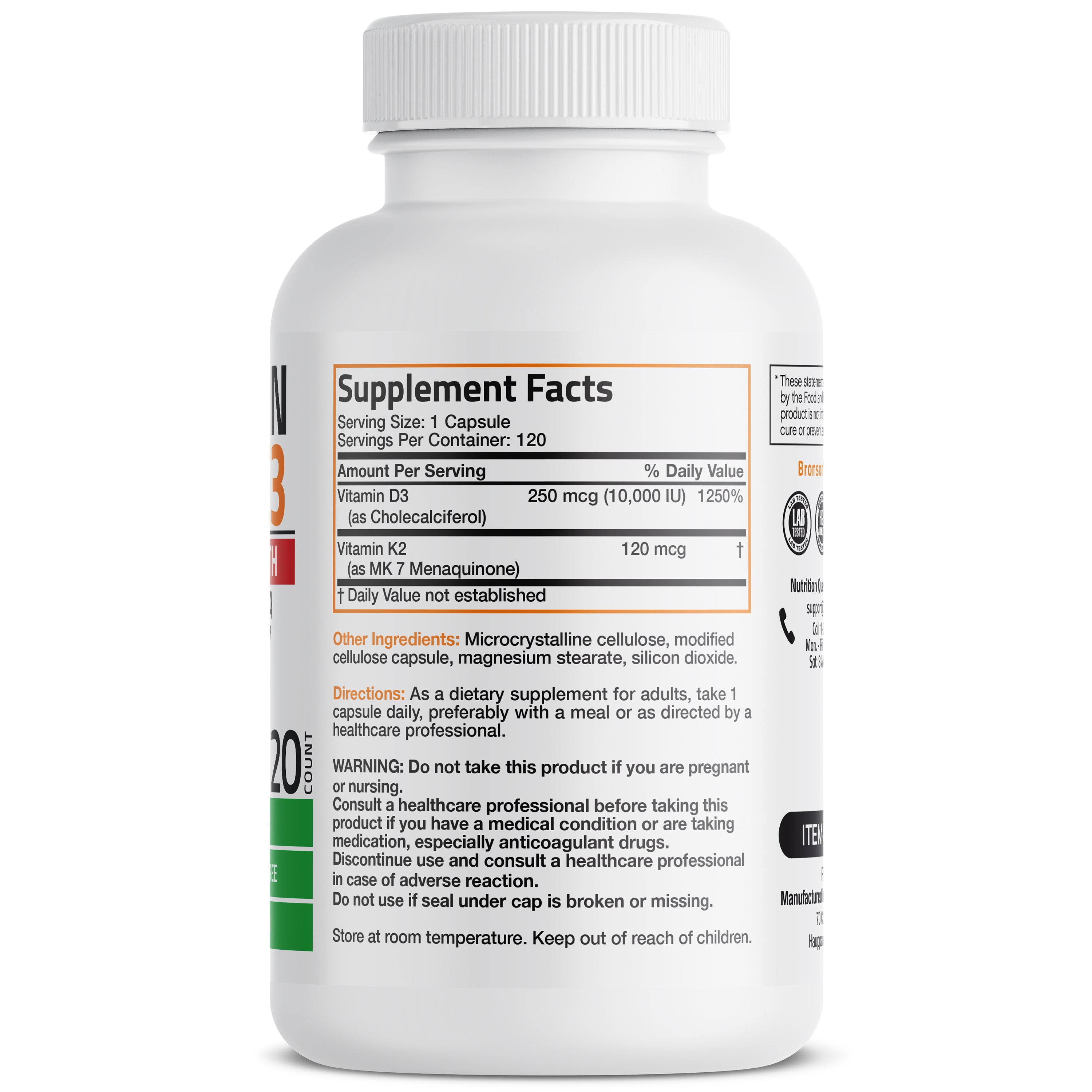 Bronson Extra Stength Vitamin K2 MK-7 Plus Vitamin D3 - 60 Capsules ...