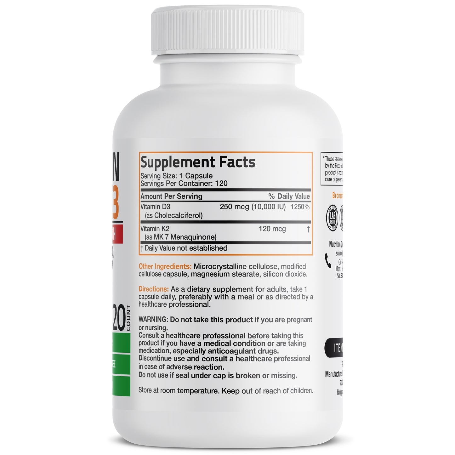 Bronson Extra Stength Vitamin K2 MK-7 Plus Vitamin D3 - 60 Capsules ...