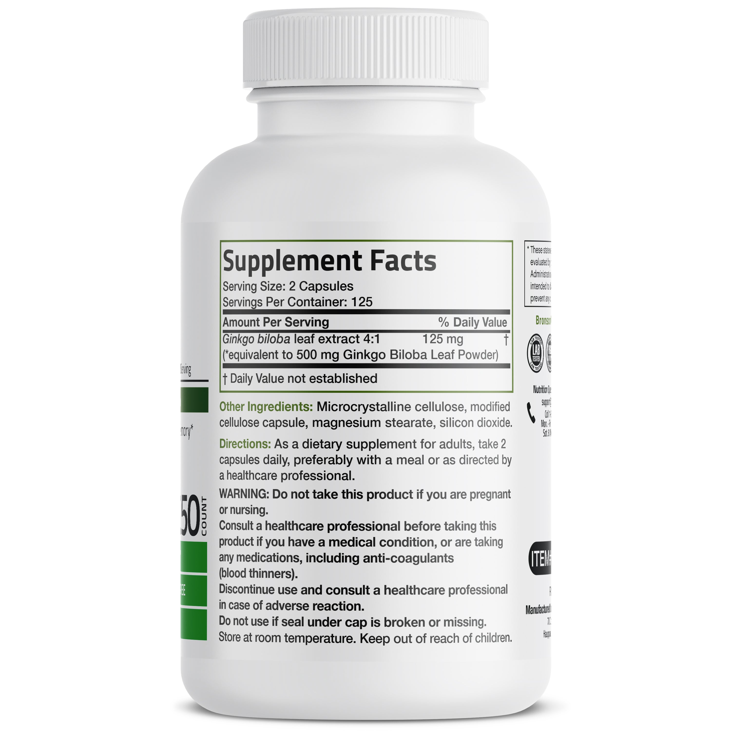 Bronson Gingko Biloba - 500 mg - 120 Vegetarian Capsules – bronsonlabs