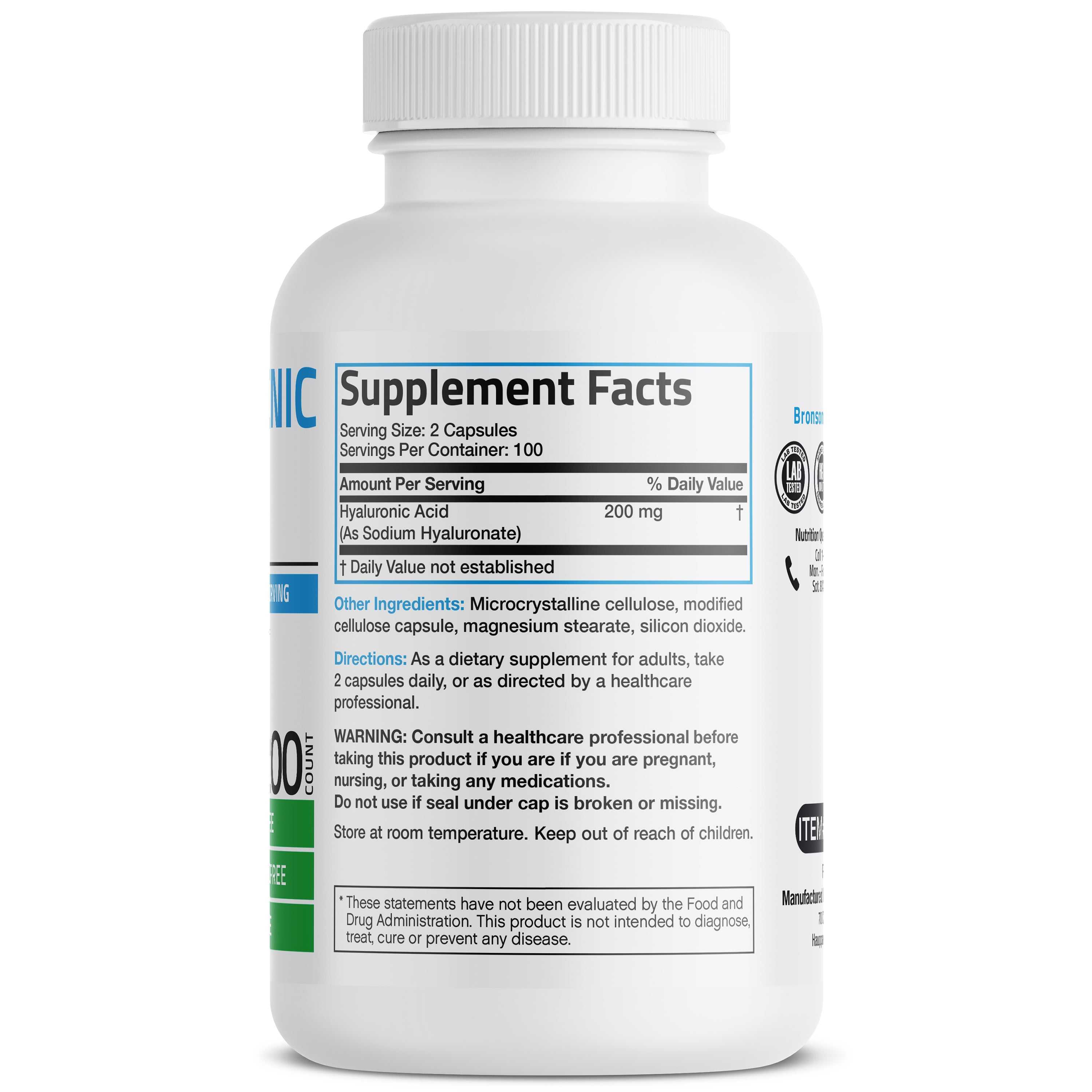 Hyaluronic Acid 200 MG, 200 Vegetarian Capsules – bronsonlabs