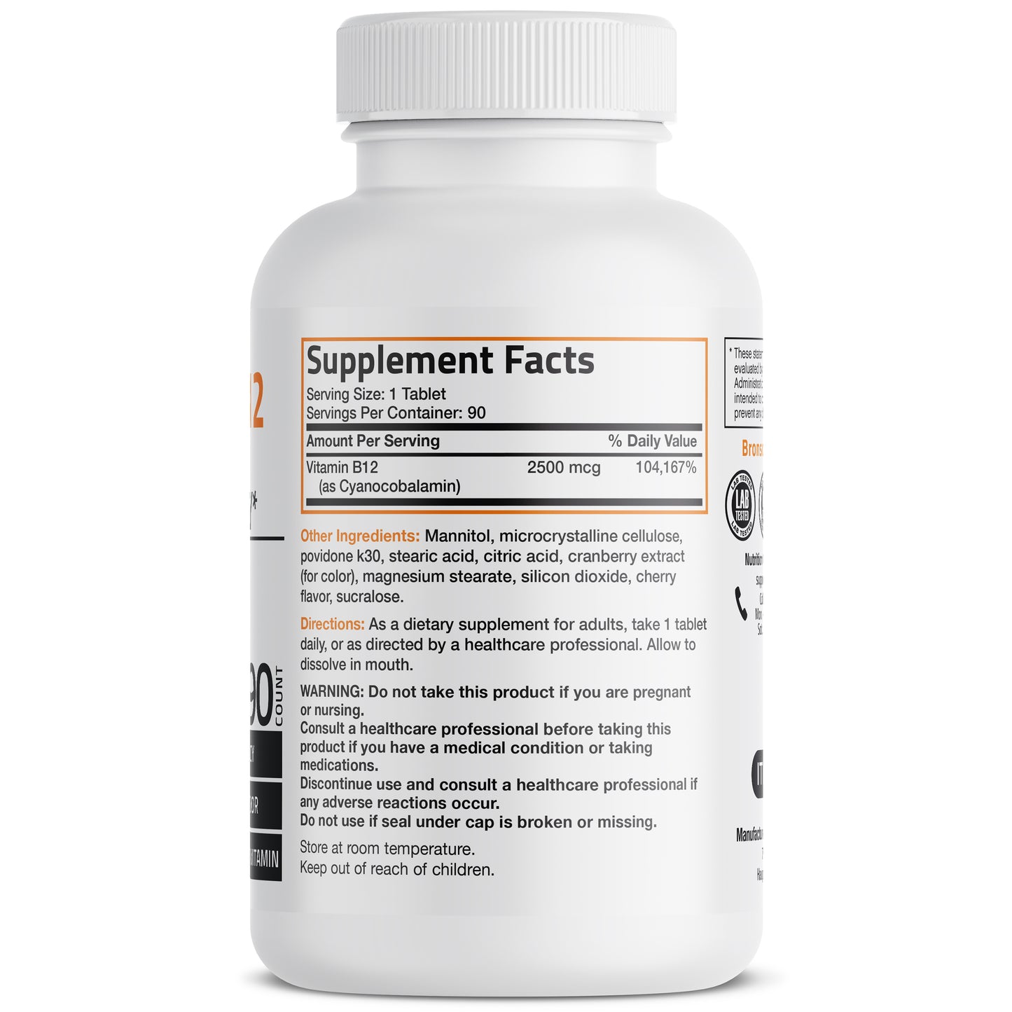 Vitamin B12 Sublingual Quick Release - 2,500 mcg - Cherry - 90 Tablets ...