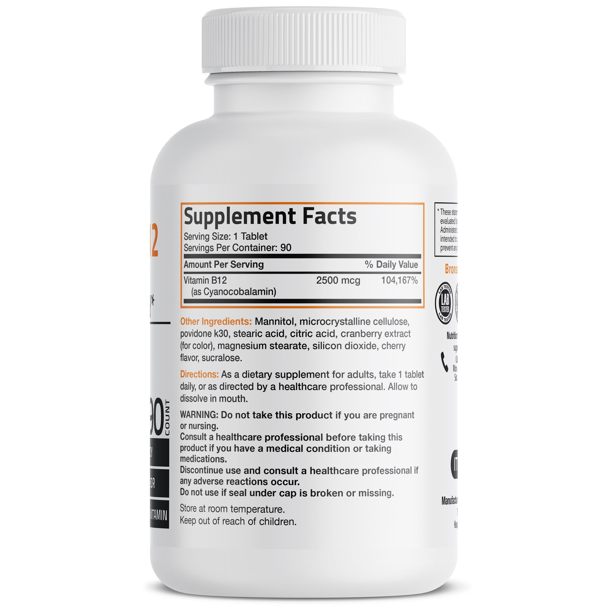 Vitamin B12 Sublingual Quick Release - 2,500 mcg - Cherry - 90 Tablets ...