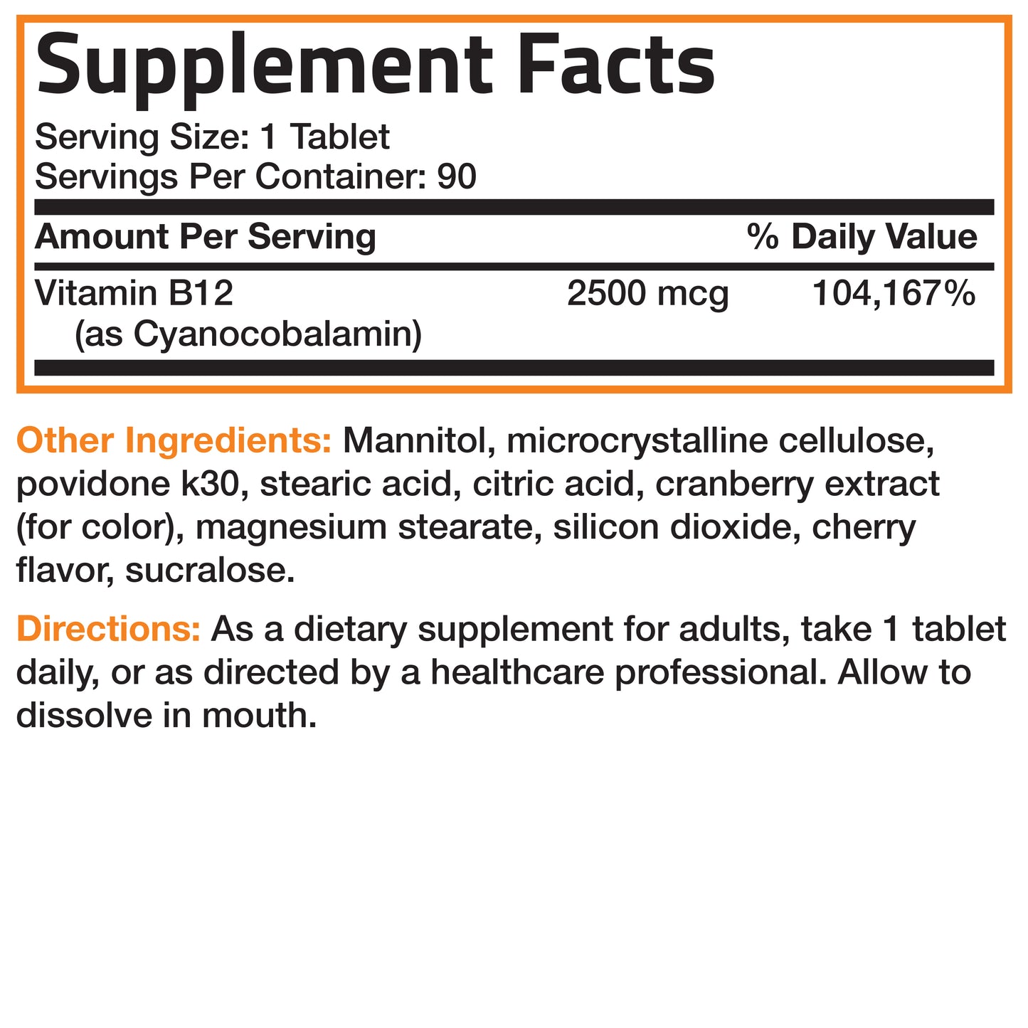 Vitamin B12 Sublingual Quick Release - 2,500 mcg - Cherry - 90 Tablets ...