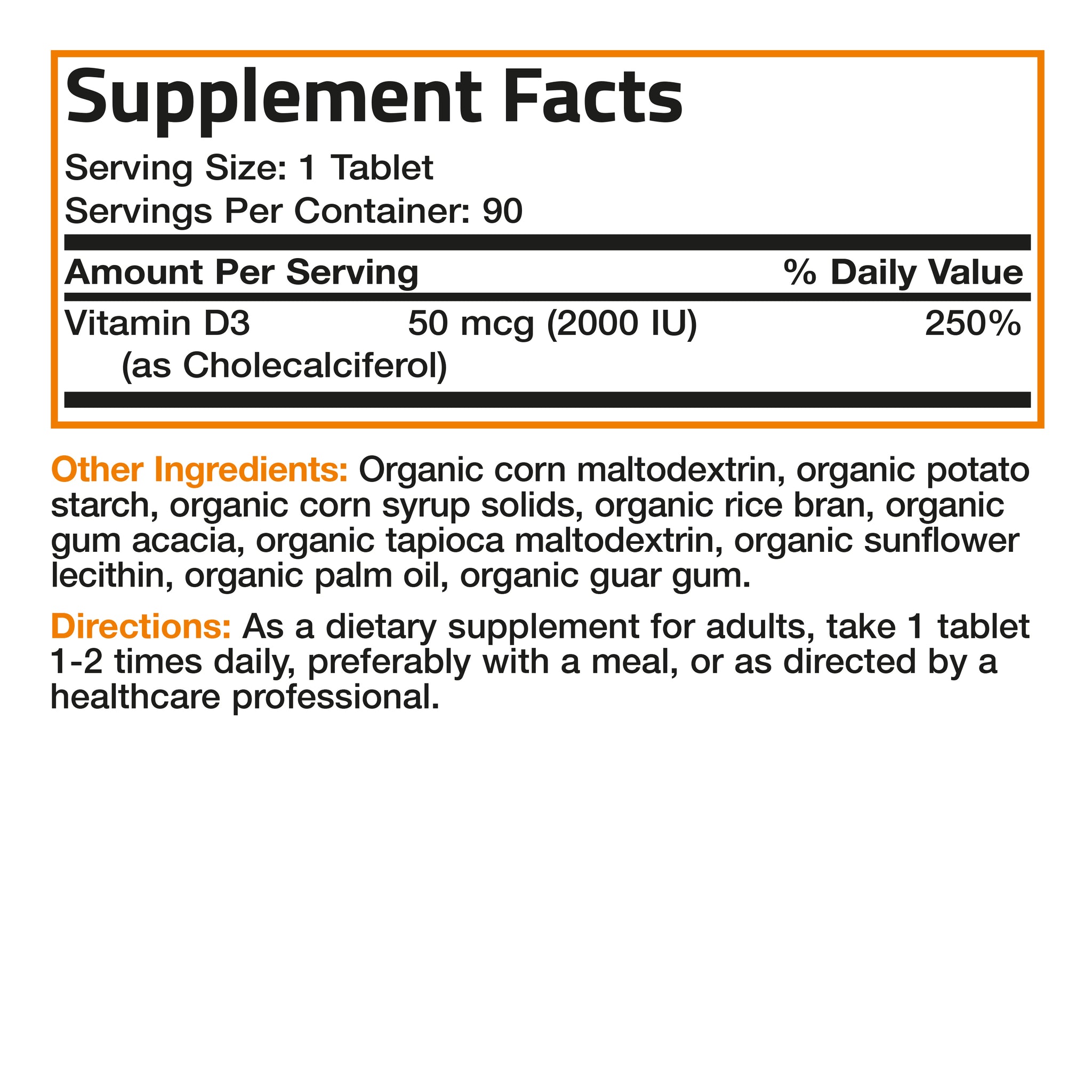 Vitamin D3 USDA Certified Organic - 2,000 IU - 90 Tablets | Vitamins ...
