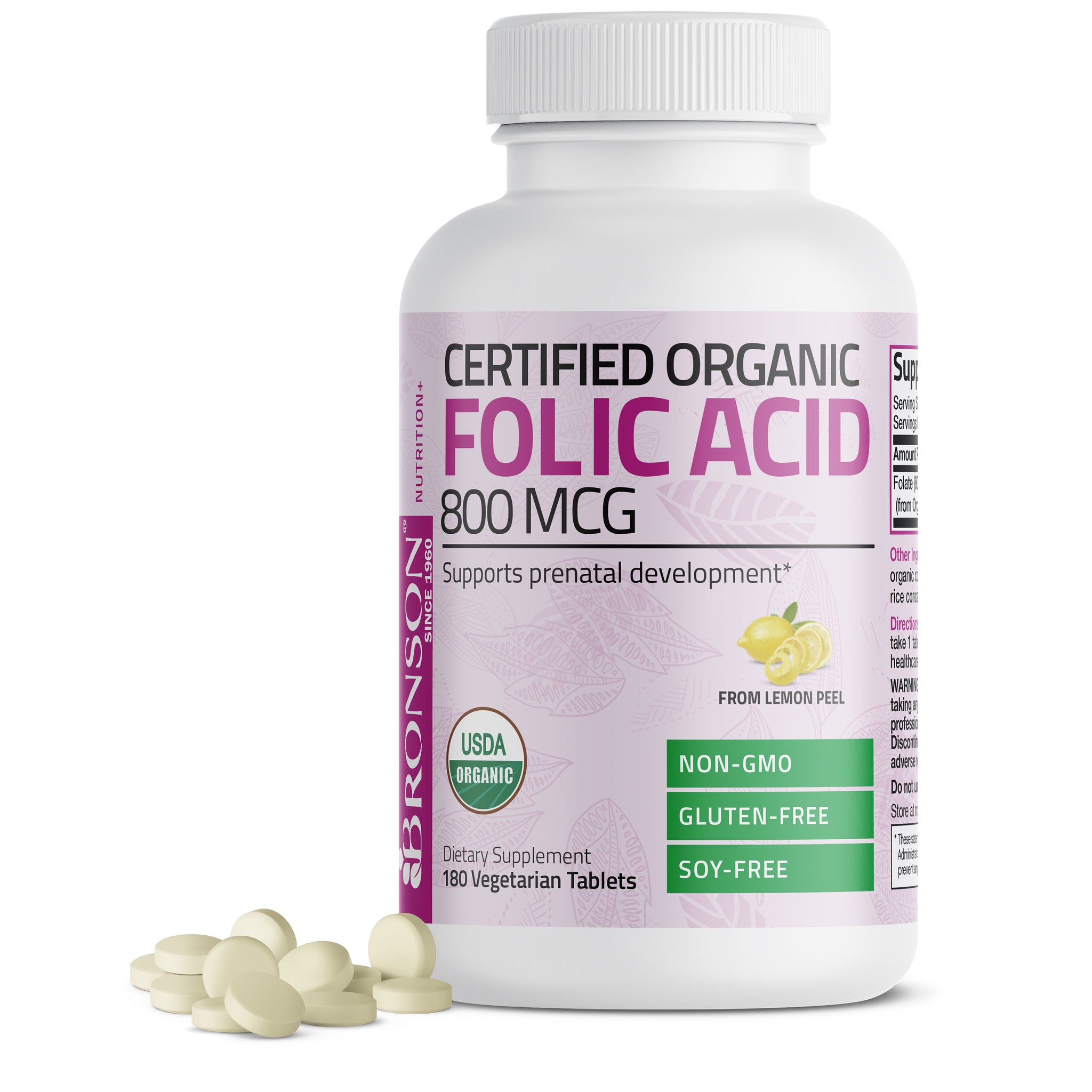 Bronson Folic Acid Vegetarian USDA Certified Organic - 800 mcg - 180 ...